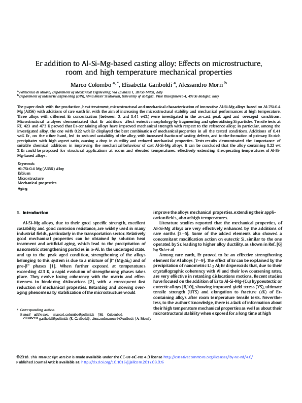 (PDF) Er addition to Al-Si-Mg-based casting alloy: Effects on microstructure, room and high ...