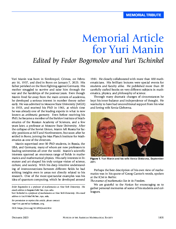 (PDF) Memorial Article for Yuri Manin