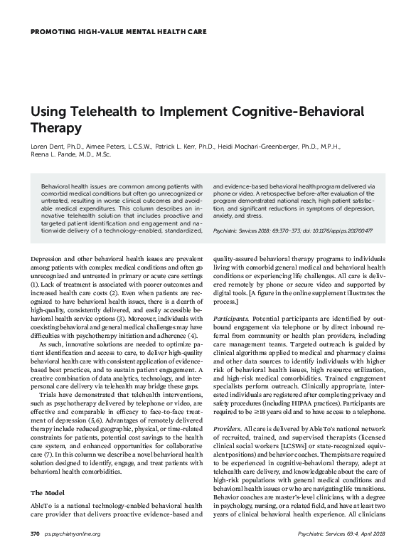 (PDF) Using Telehealth to Implement Cognitive-Behavioral Therapy