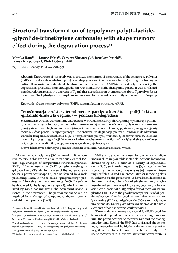 (PDF) Structural transformation of terpolymer poly(L-lactide-glycolide-trimethylene carbonate ...