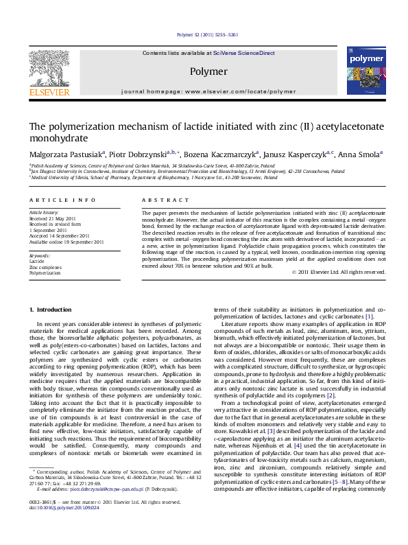 (PDF) The polymerization mechanism of lactide initiated with zinc (II ...