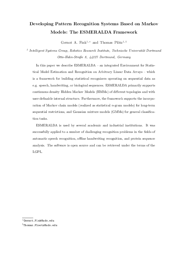 (PDF) Developing pattern recognition systems based on Markov models: The ESMERALDA framework
