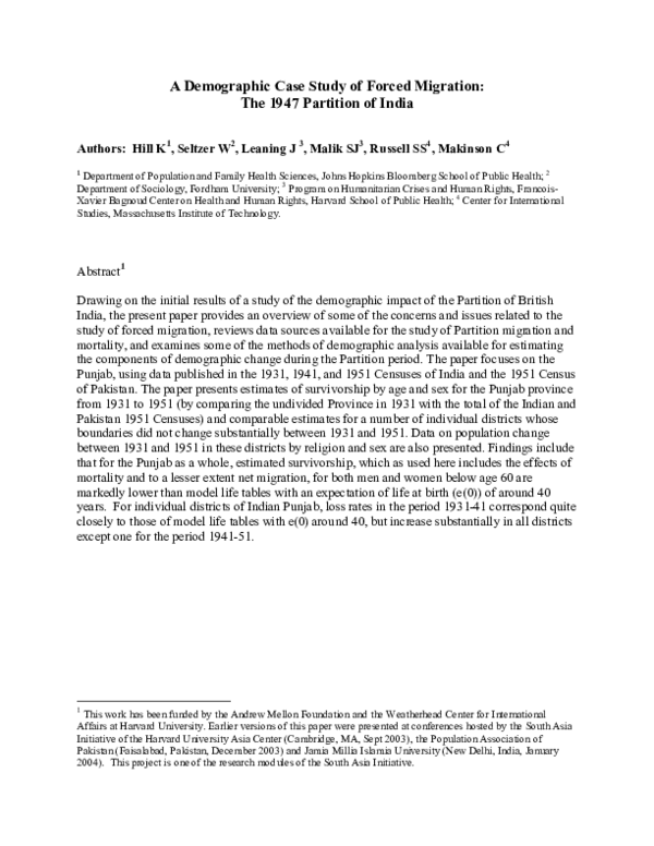 (PDF) A Demographic Case Study of Forced Migration: The 1947 Partition ...