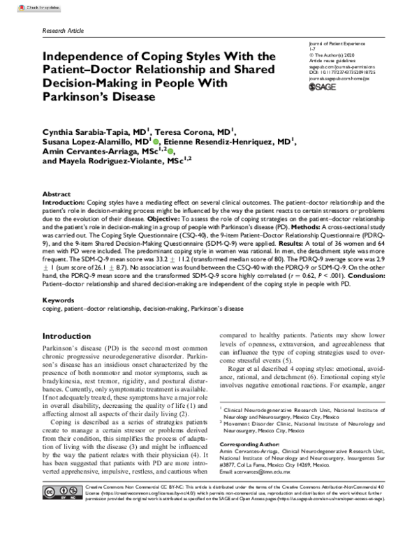 (PDF) Independence of Coping Styles With the Patient–Doctor ...
