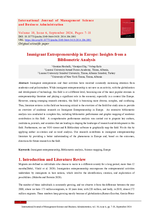 (PDF) Immigrant Entrepreneurship in Europe: Insights from a Bibliometric Analysis