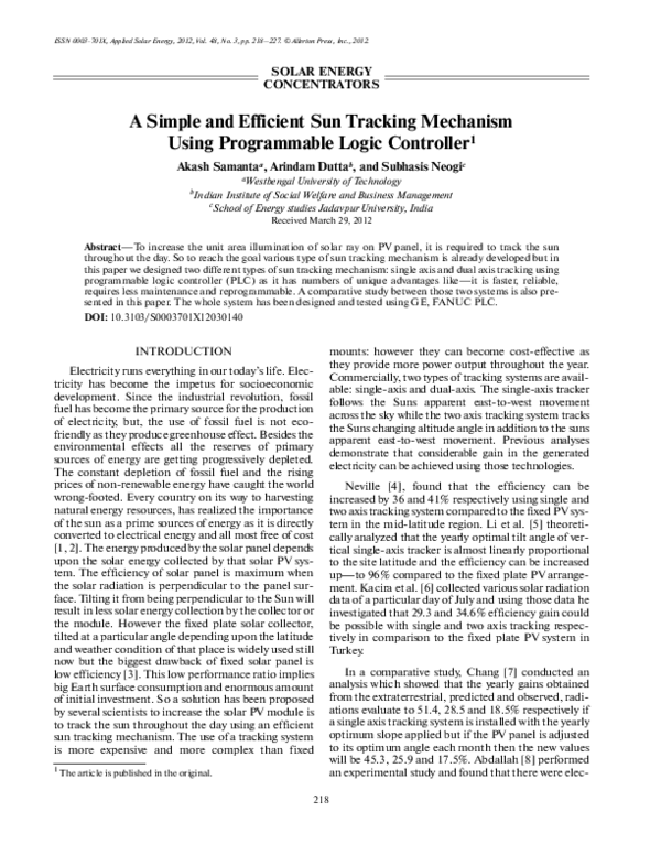 (PDF) A simple and efficient sun tracking mechanism using programmable ...
