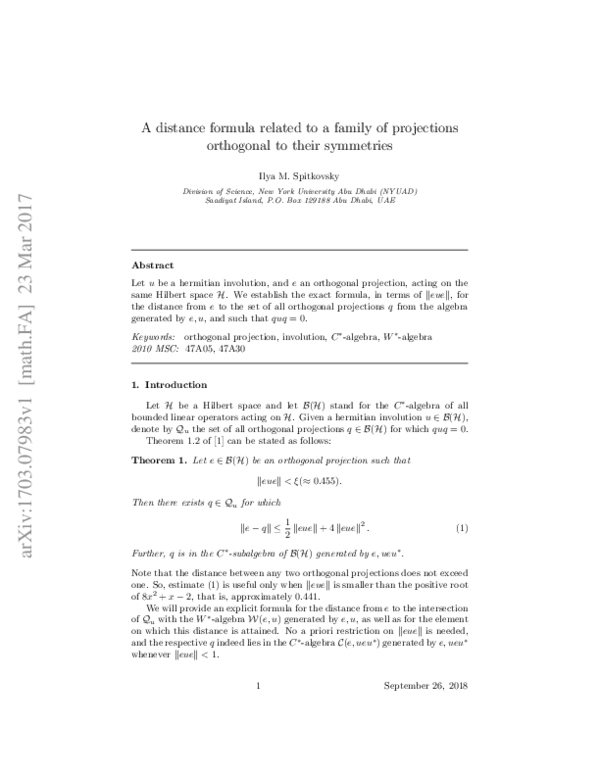 (PDF) A distance formula related to a family of projections orthogonal to their symmetries