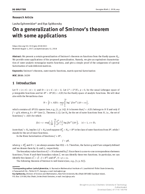 (PDF) Generalized Smirnov's Theorem Applications