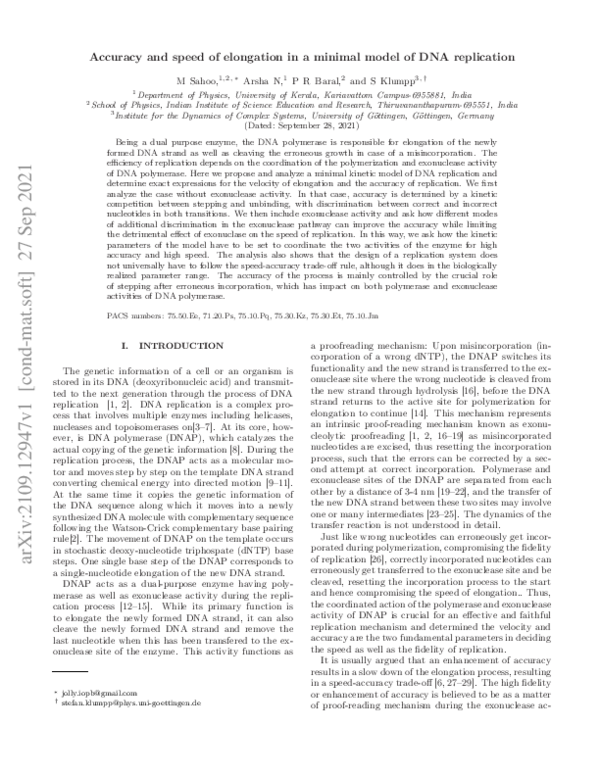 (PDF) Accuracy and speed of elongation in a minimal model of DNA ...