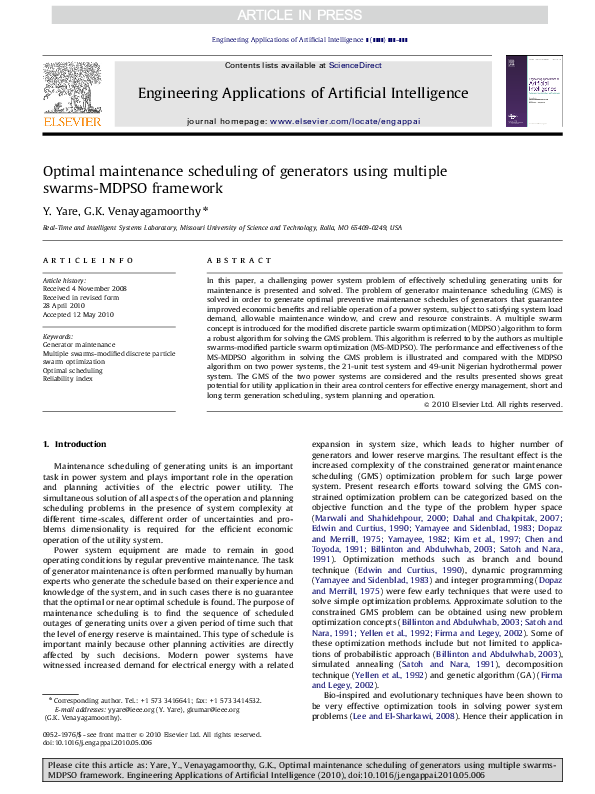 (PDF) Optimal maintenance scheduling of generators using multiple swarms-MDPSO framework