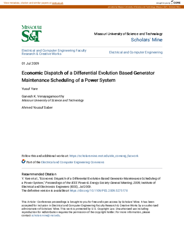 Economic dispatch of a differential evolution based generator maintenance scheduling of a power ...