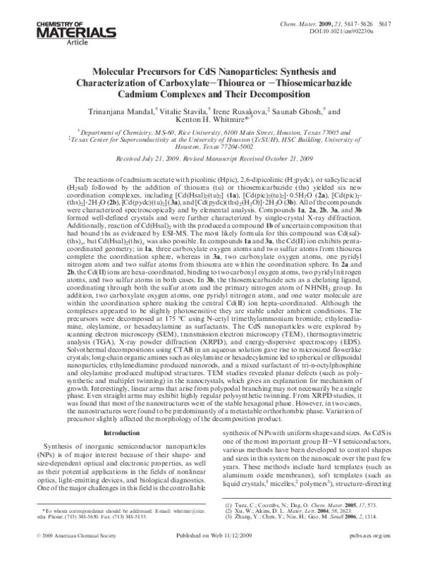 (PDF) Cadmium Complexes for CdS Nanoparticle Synthesis