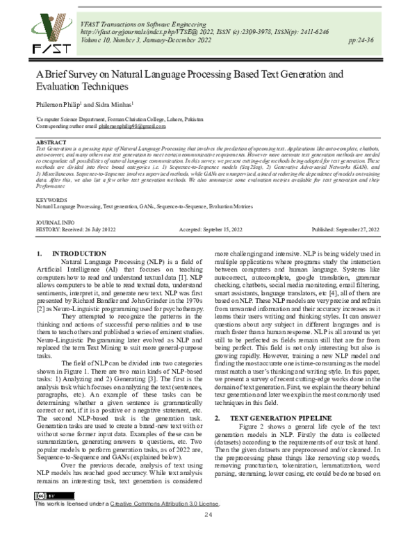 (PDF) A Brief Survey on Natural Language Processing Based Text Generation and Evaluation Techniques