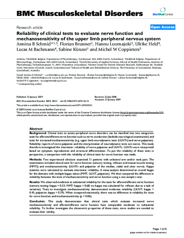 (PDF) Reliability of clinical tests to evaluate nerve function and ...