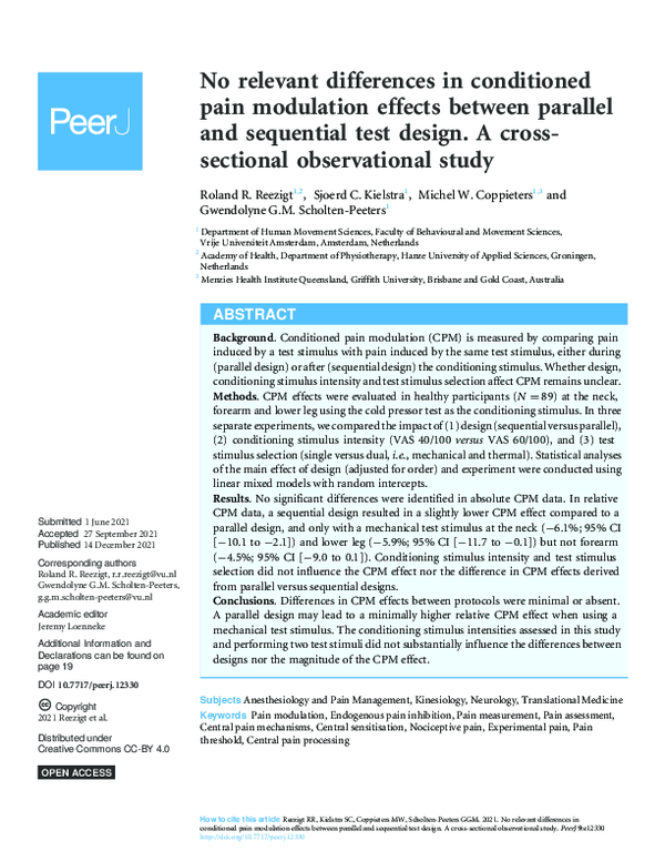 (PDF) No relevant differences in conditioned pain modulation effects between parallel and ...