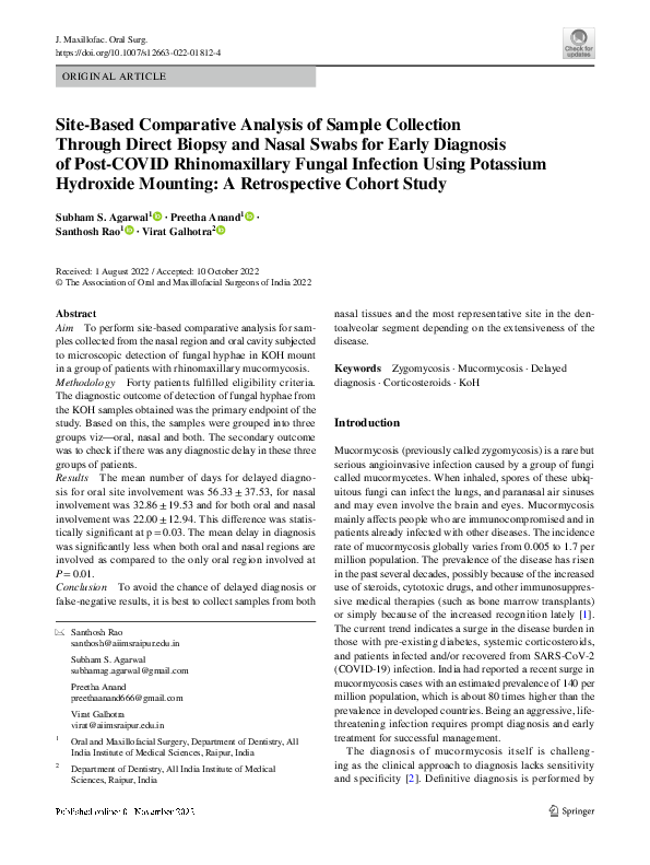 Pdf Site Based Comparative Analysis Of Sample Collection Through Direct Biopsy And Nasal Swabs