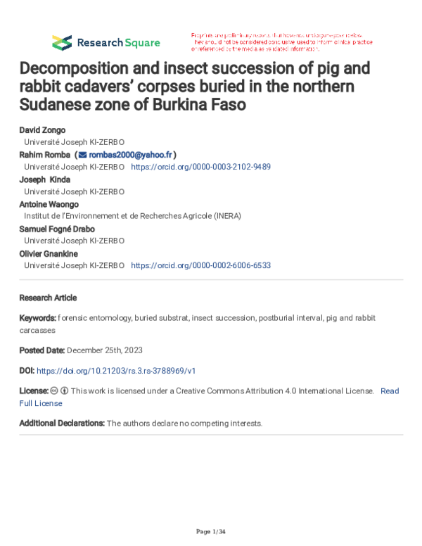 (PDF) Decomposition and insect succession of pig and rabbit cadavers ...