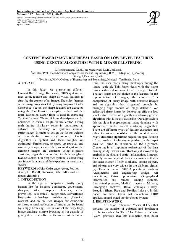 (PDF) CONTENT BASED IMAGE RETRIEVAL BASED ON LOW LEVEL FEATURES USING GENETIC ALGORITHM WITH K ...