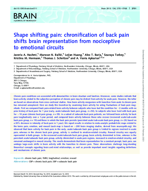 (PDF) Shape shifting pain: chronification of back pain shifts brain ...