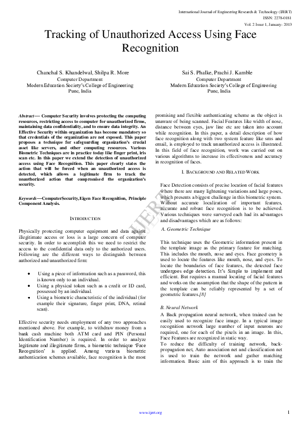 (PDF) Tracking of Unauthorized Access Using Face Recognition