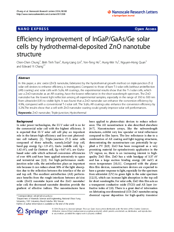 (PDF) Efficiency improvement of InGaP/GaAs/Ge solar cells by hydrothermal-deposited ZnO nanotube ...