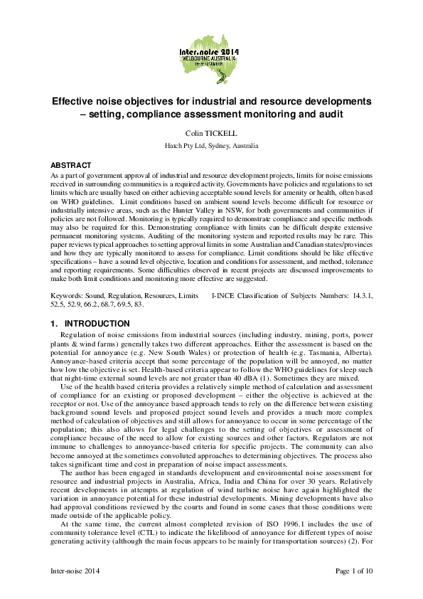 (PDF) Effective noise objectives for industrial and resource developments - setting, compliance ...