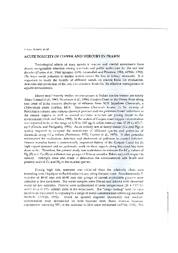 (PDF) Acute Toxicity of Copper and Mercury in Prawn