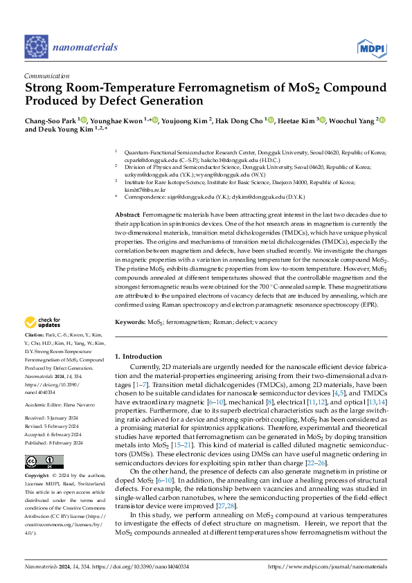 (PDF) Strong Room-Temperature Ferromagnetism of MoS2 Compound Produced by Defect Generation
