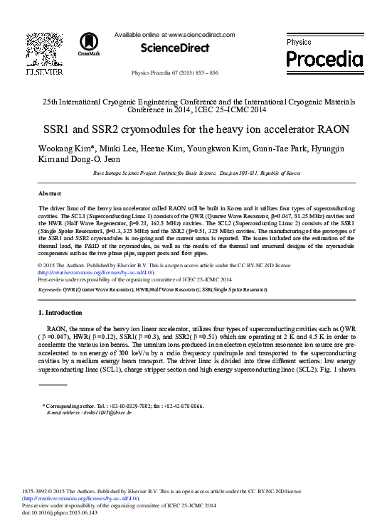 (PDF) SSR1 and SSR2 Cryomodules for the Heavy Ion Accelerator RAON