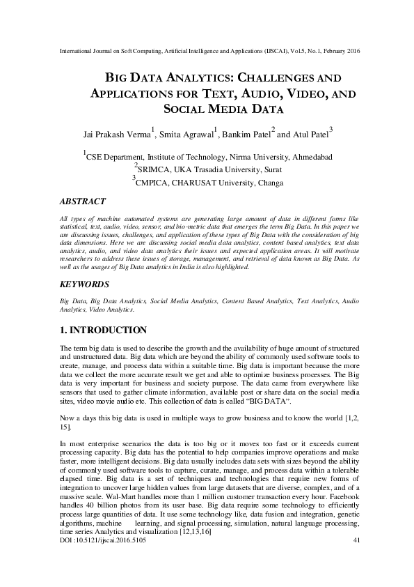 (PDF) Big Data Analytics: Challenges And Applications For Text, Audio, Video, And Social Media Data