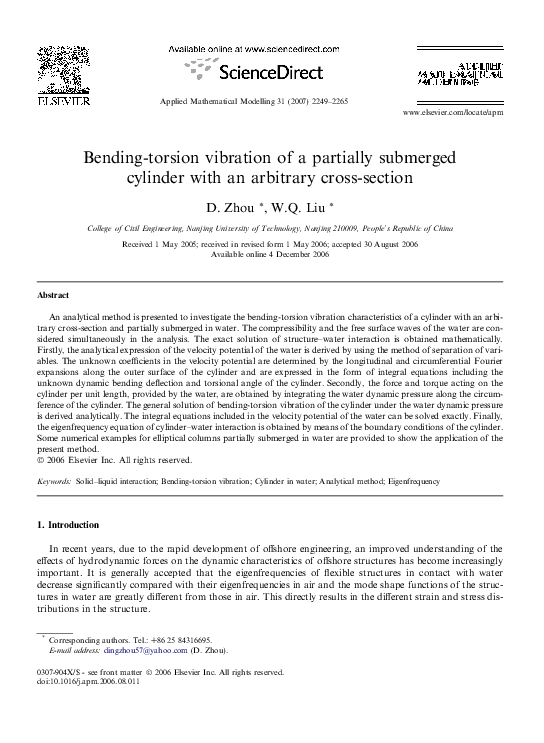 (PDF) Bending-torsion vibration of a partially submerged cylinder with an arbitrary cross-section