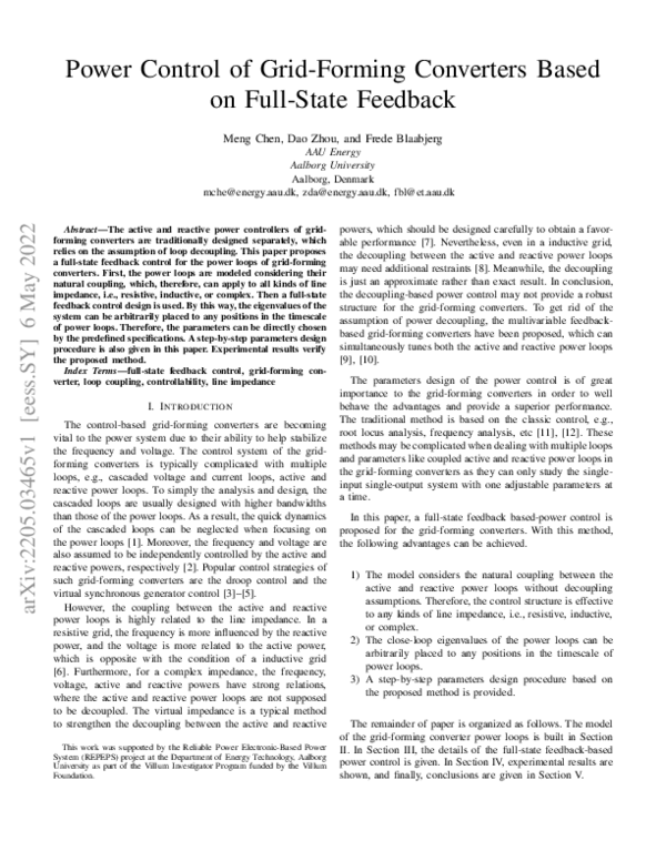 (PDF) Power Control of Grid-Forming Converters Based on Full-State Feedback