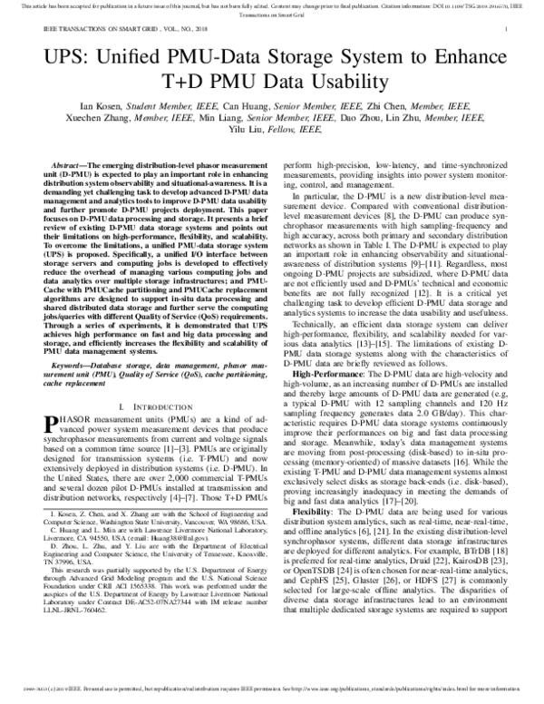 (PDF) UPS: Unified PMU-Data Storage System to Enhance T+D PMU Data Usability