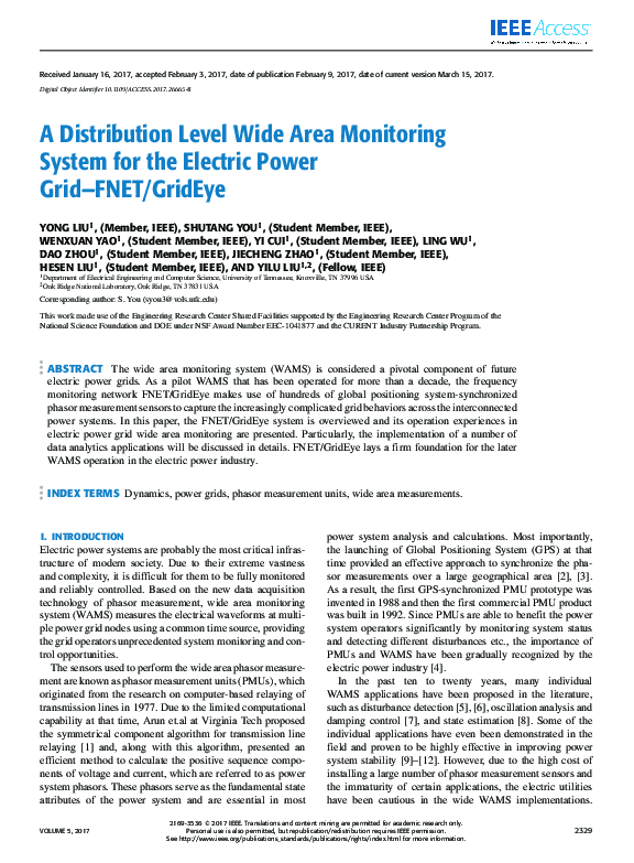(PDF) A Distribution Level Wide Area Monitoring System for the Electric Power Grid–FNET/GridEye