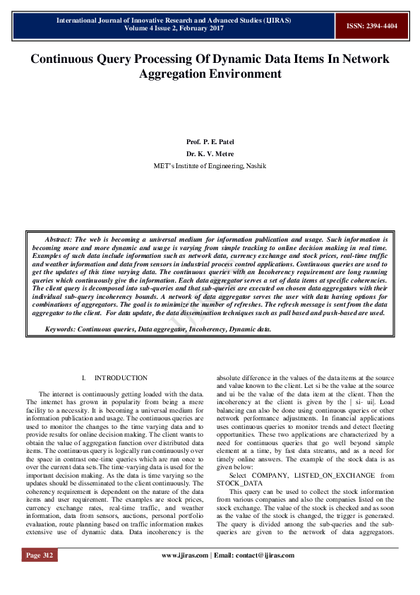 (PDF) Continuous Query Processing Of Dynamic Data Items In Network Aggregation Environment ...