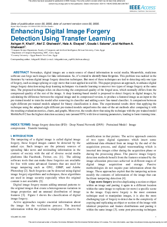 Pdf Enhancing Digital Image Forgery Detection Using Transfer Learning