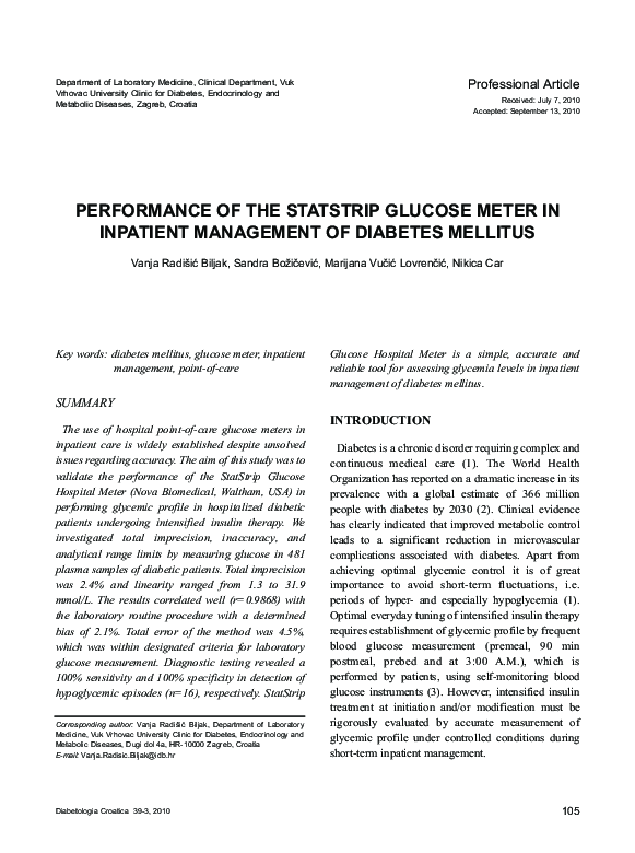 (PDF) Performance of the statstrip glucose meter in inpatient ...