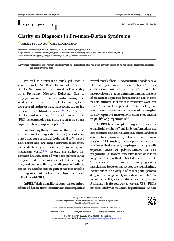 (PDF) Clarity on Diagnosis in Freeman-Burian Syndrome | Mikaela Poling ...