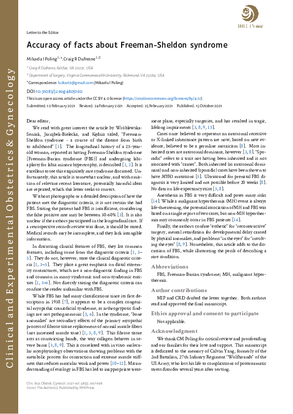 (PDF) Accuracy of facts about Freeman-Sheldon syndrome
