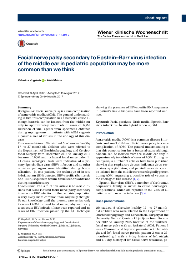 (PDF) Facial nerve palsy secondary to Epstein–Barr virus infection of ...