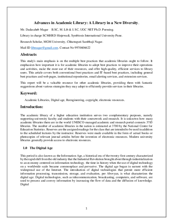 (PDF) Advances in Academic Library: A Library in a New Diversity