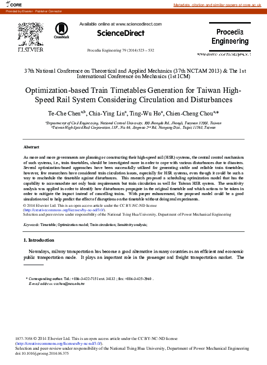 (PDF) Optimization-based Train Timetables Generation for Taiwan High ...