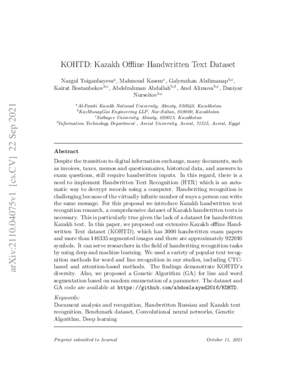 (PDF) KOHTD: Kazakh offline handwritten text dataset