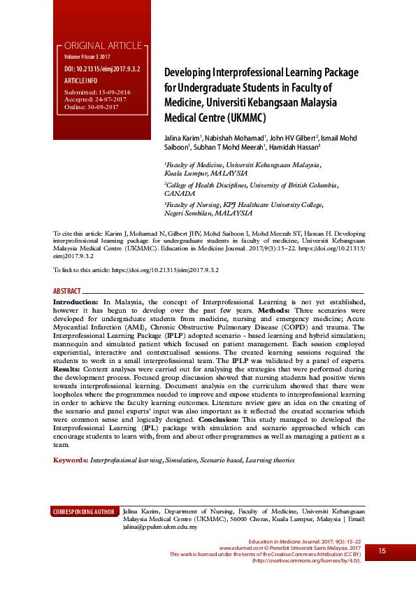 (PDF) Developing Interprofessional Learning Package for Undergraduate Students in Faculty of ...