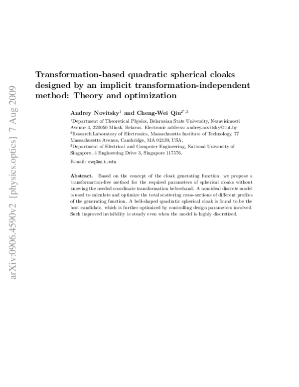 (PDF) Transformation-based quadratic spherical cloaks designed by an implicit transformation ...