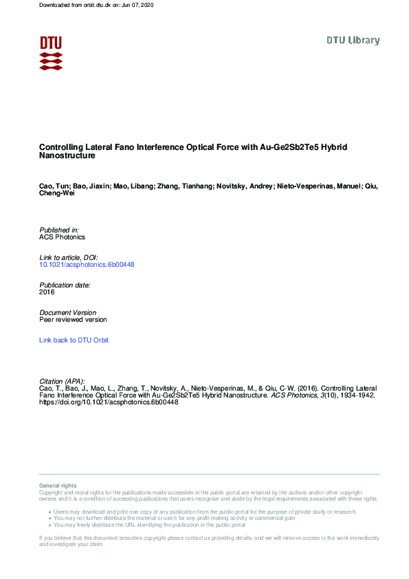 (PDF) Controlling Lateral Fano Interference Optical Force with Au ...