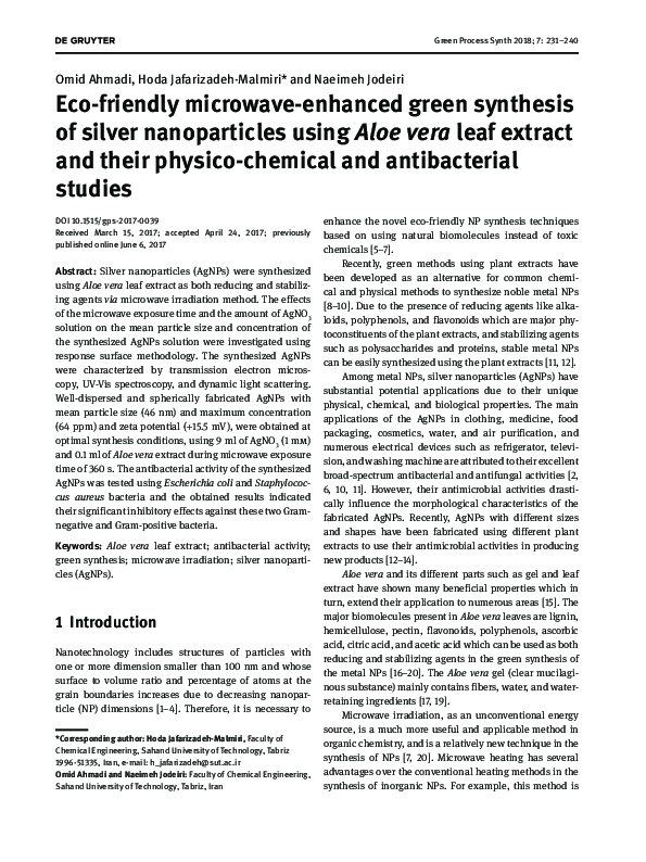 (PDF) Eco-friendly microwave-enhanced green synthesis of silver nanoparticles using Aloe vera ...