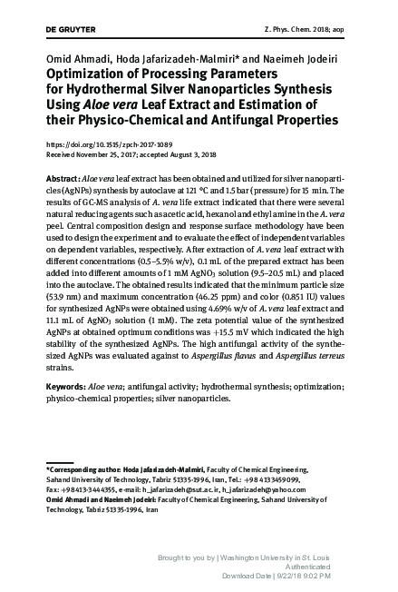 (PDF) Optimization of Processing Parameters for Hydrothermal Silver Nanoparticles Synthesis ...