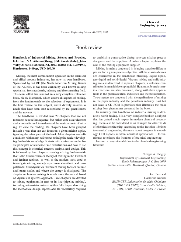 (PDF) Handbook of Industrial Mixing, Science and Practice. In: E.L ...
