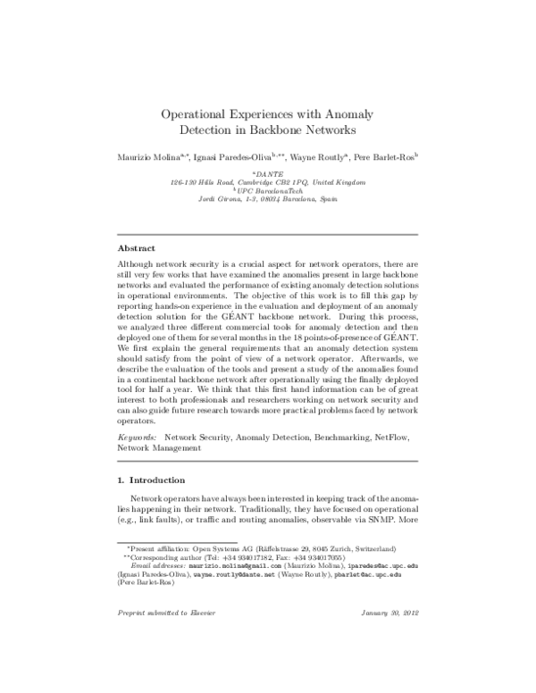 (PDF) Operational experiences with anomaly detection in backbone networks